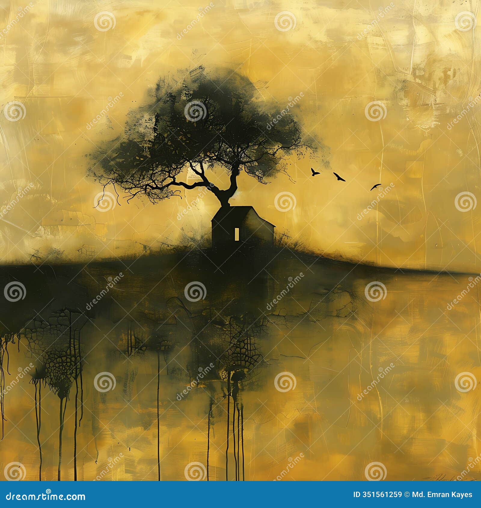 Tree and House on Watercolor Splashes Background, Abstract Art ...