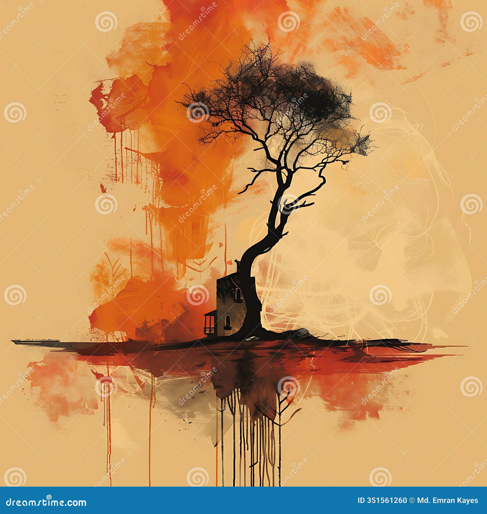 Tree and House on Watercolor Splashes Background, Abstract Art ...
