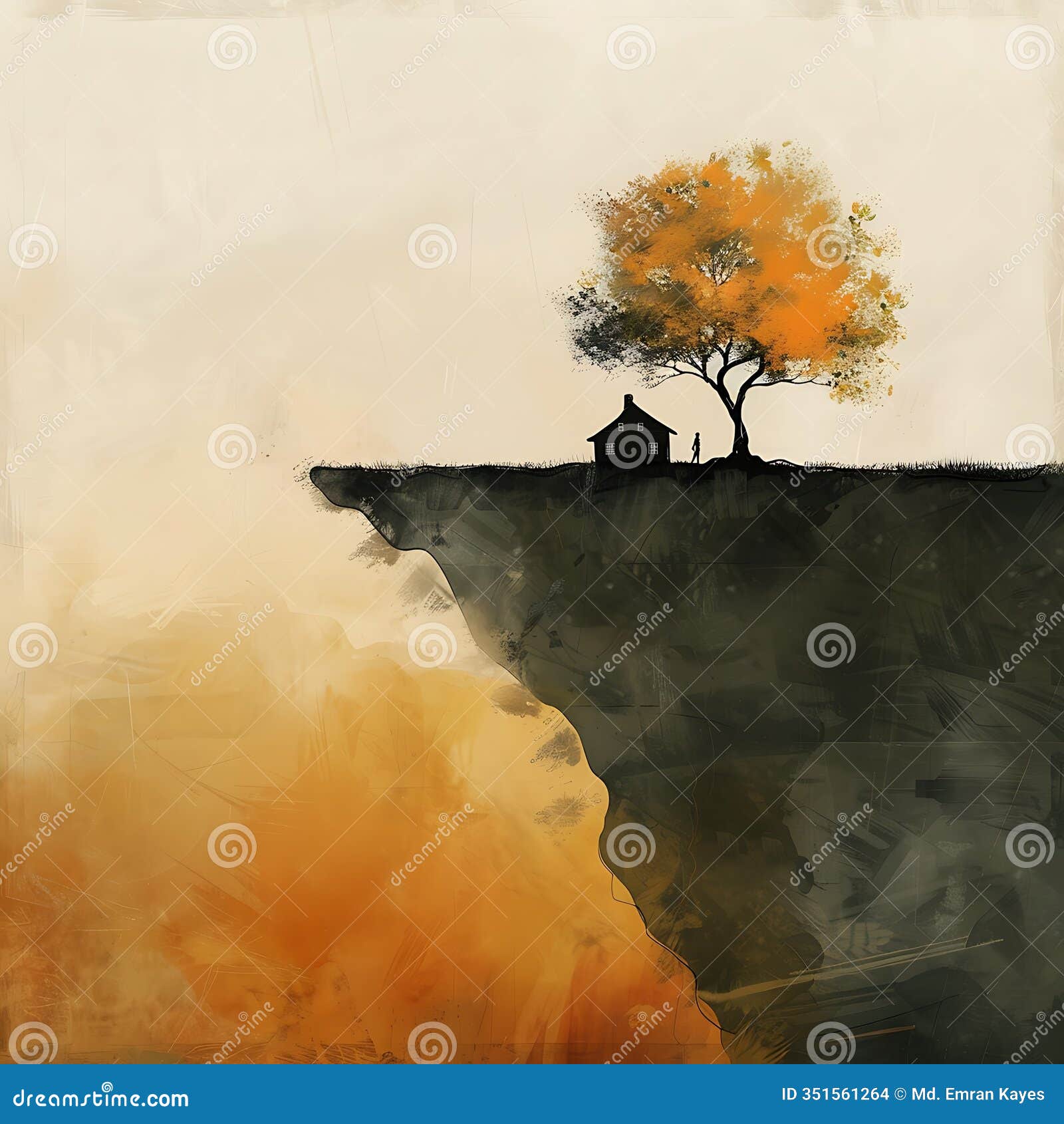 Tree and House on Watercolor Splashes Background, Abstract Art ...