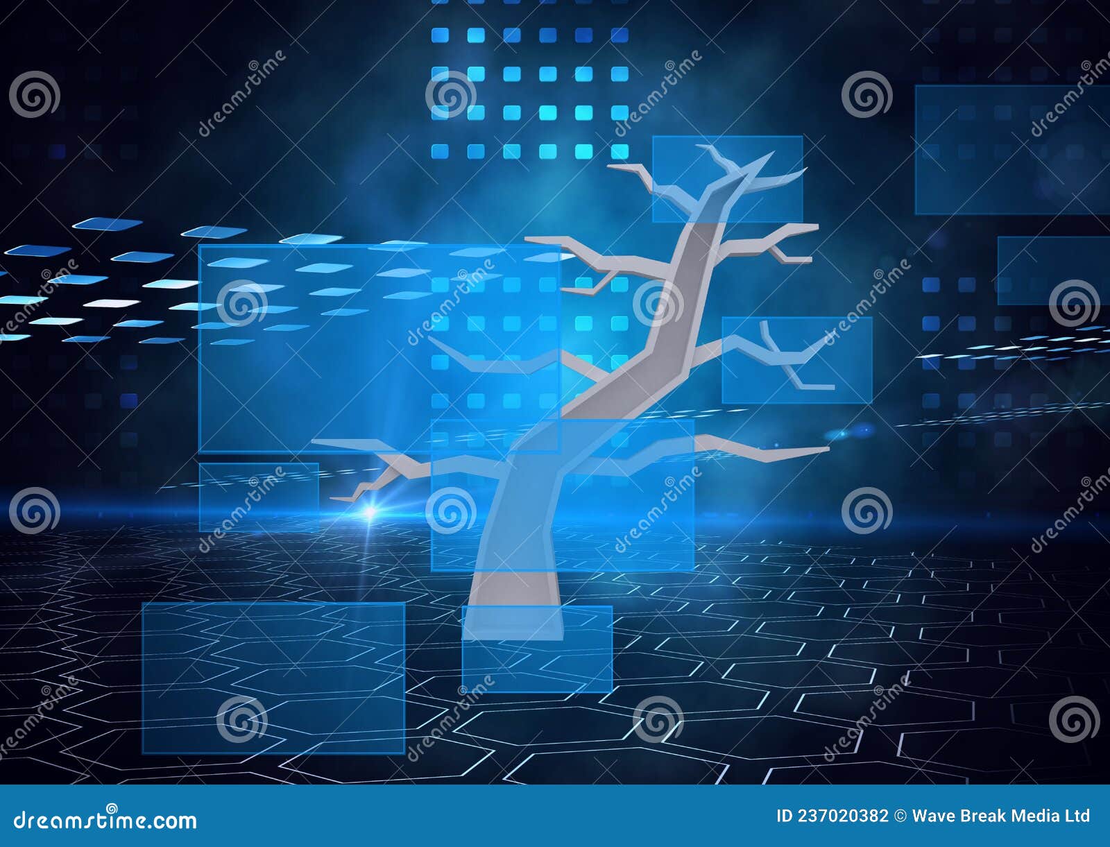 Tree Icon and Multiple Square Shapes Against Spot of Light on Blue ...