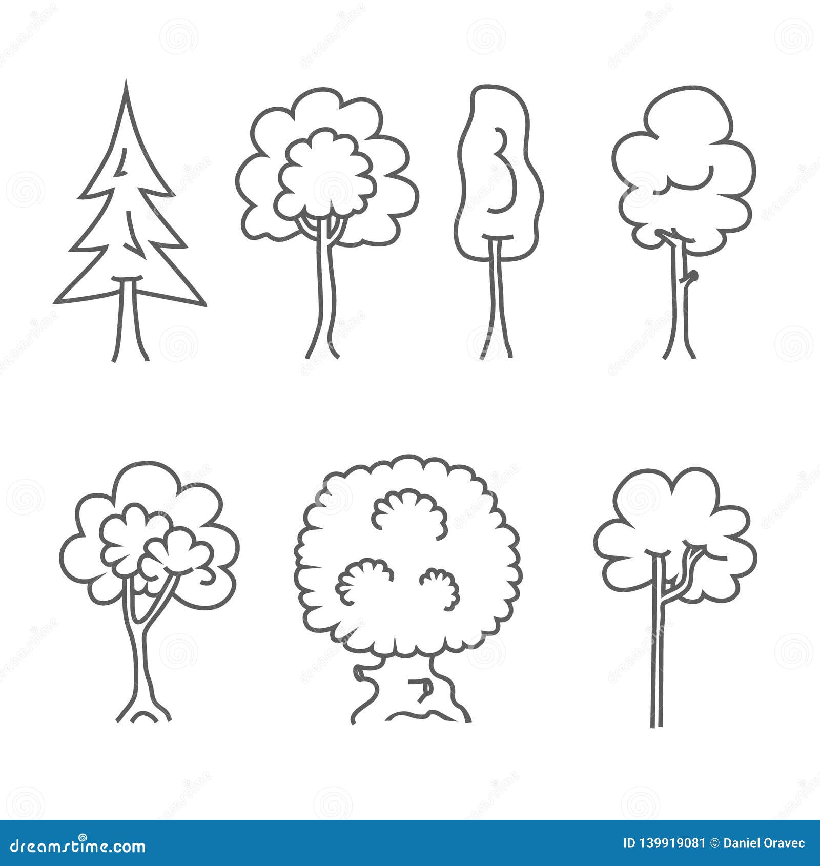Doodle Trees Coloring Pages Set. Black And White Templates With ...