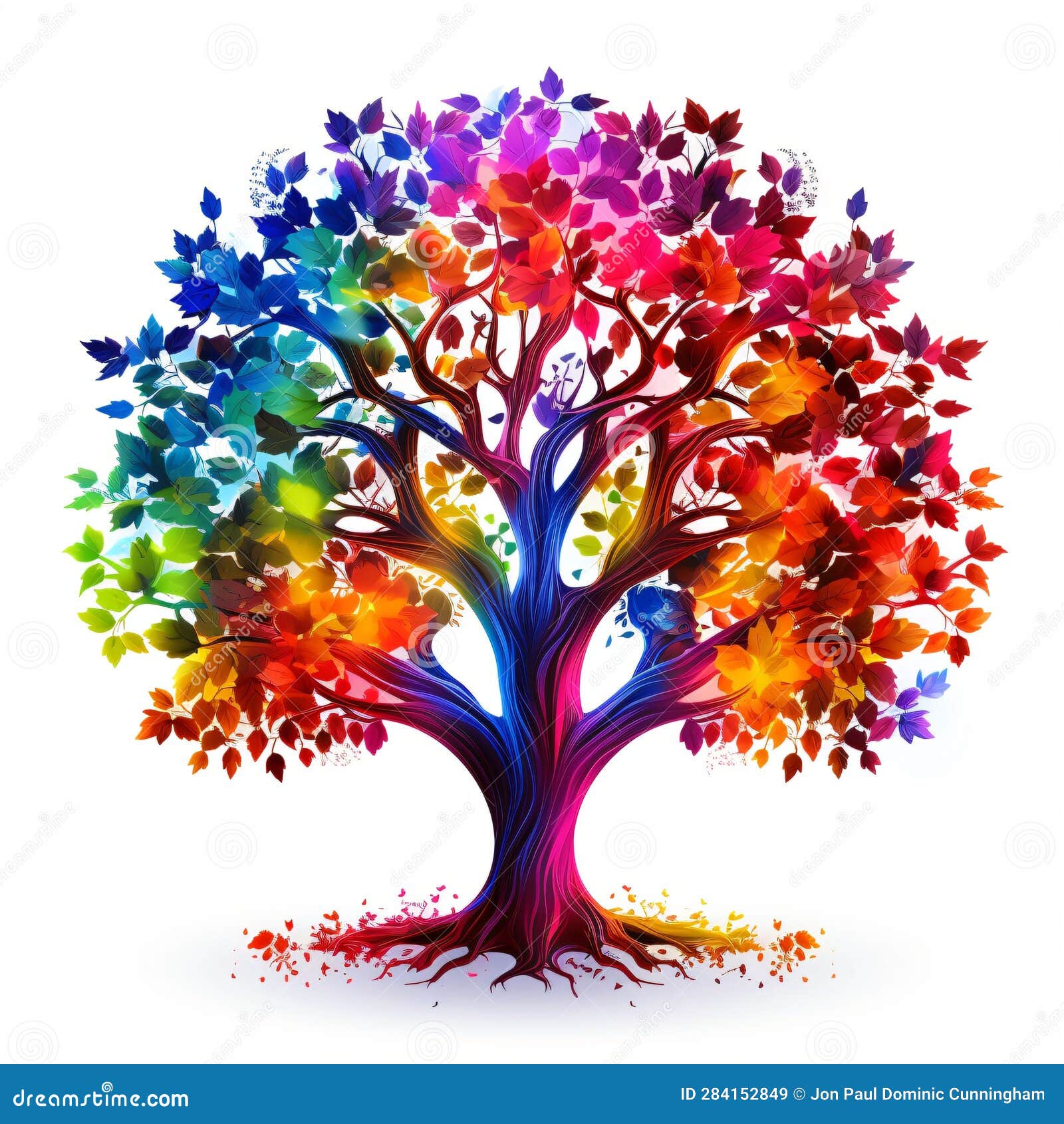 Tree Illustration with Multi Coloured Leaves on White Background Stock ...