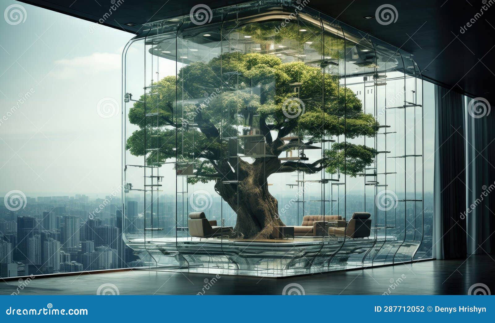 Photo of a Tree Inside a Glass Case with a Cityscape in the Background ...
