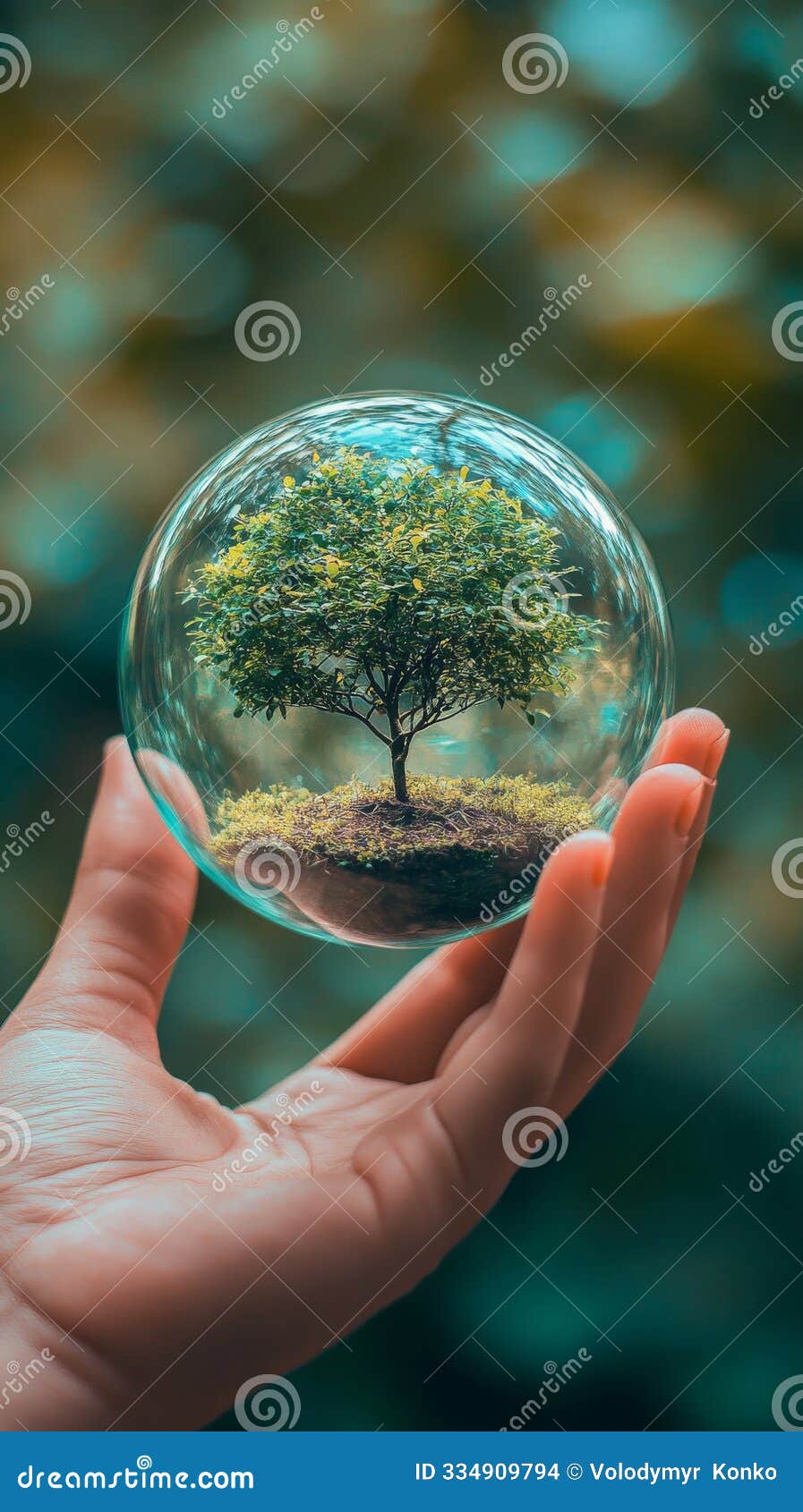 Tree Inside a Glass Sphere Held by a Hand, Nature Preservation Concept ...