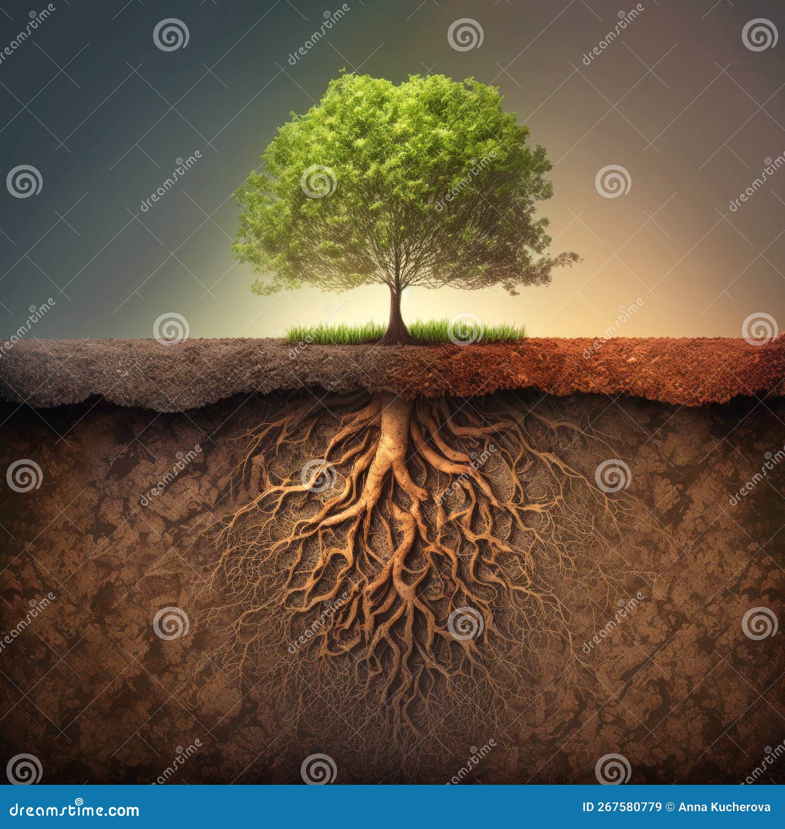 Tree with Its Root System Going Deep into the Ground, Soil Cross Stock ...