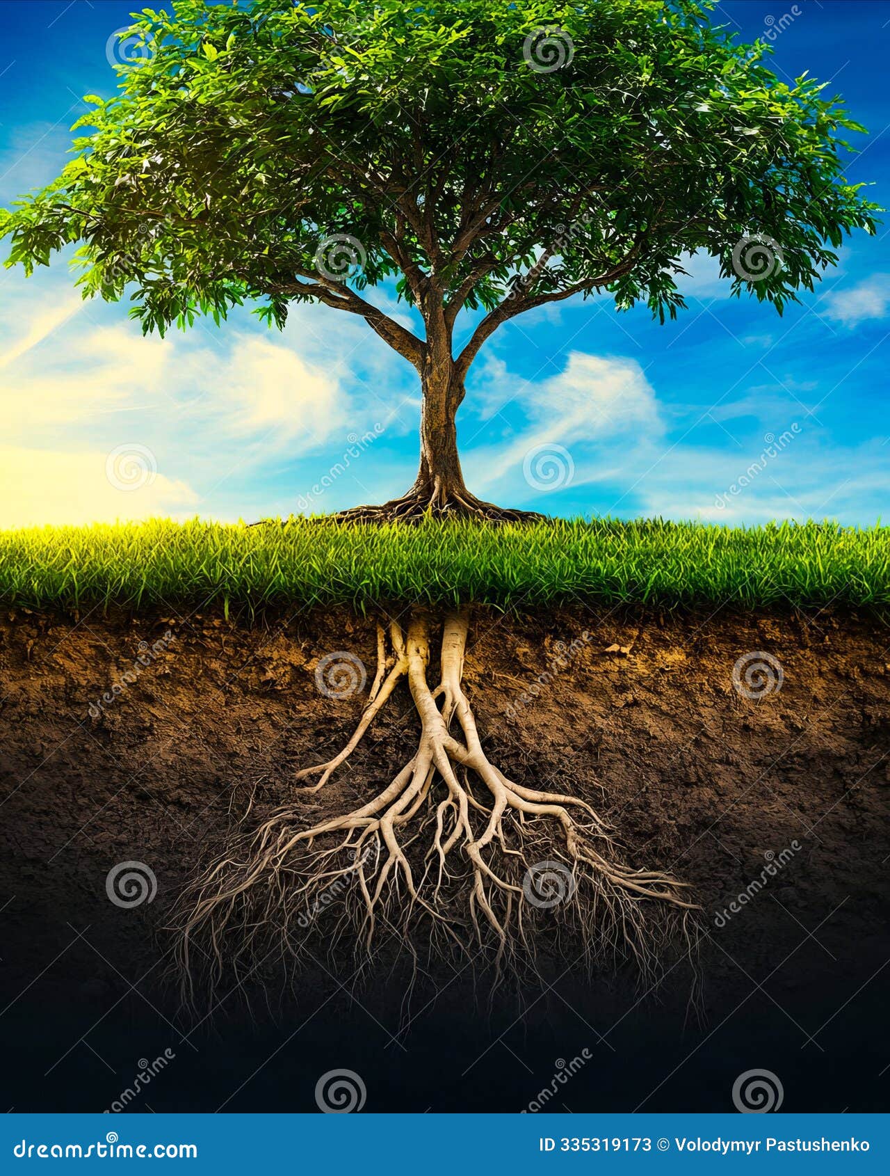 A Tree with Its Roots in the Ground and a Blue Sky Stock Image - Image ...