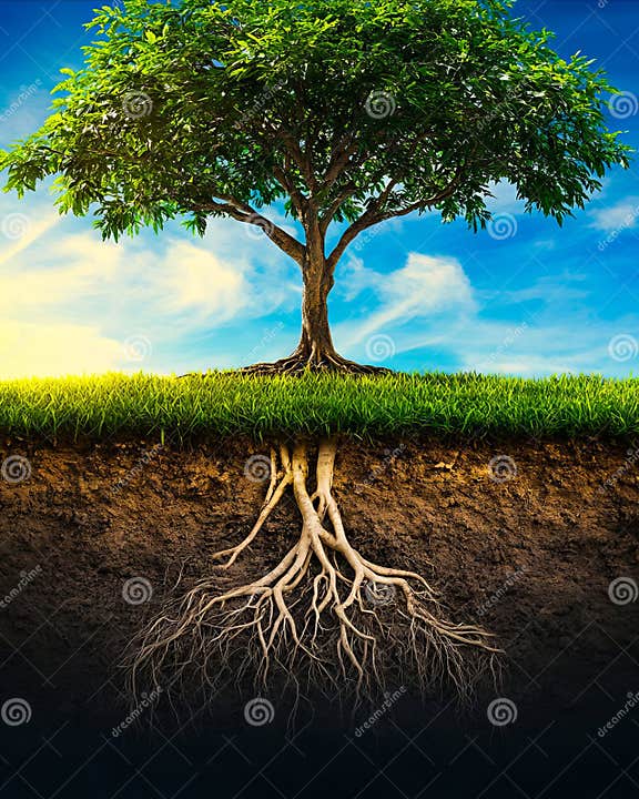 A Tree with Its Roots in the Ground and a Blue Sky Stock Image - Image ...