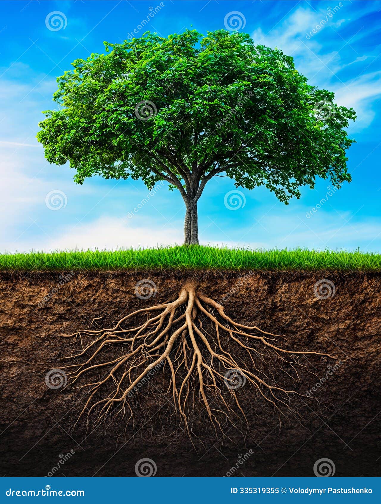 A Tree with Its Roots in the Ground and a Blue Sky Stock Image - Image ...