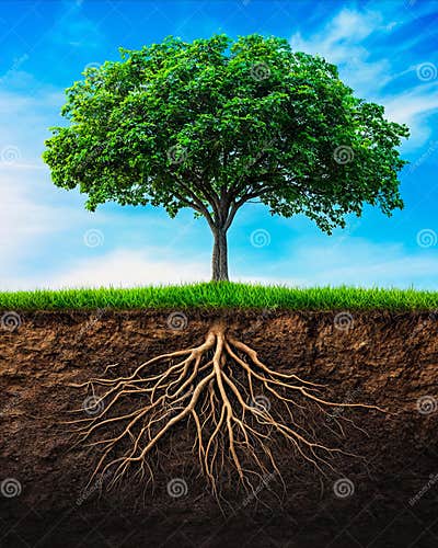 A Tree with Its Roots in the Ground and a Blue Sky Stock Image - Image ...