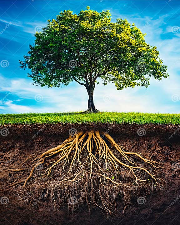 A Tree with Its Roots in the Ground and a Blue Sky Stock Photo - Image ...