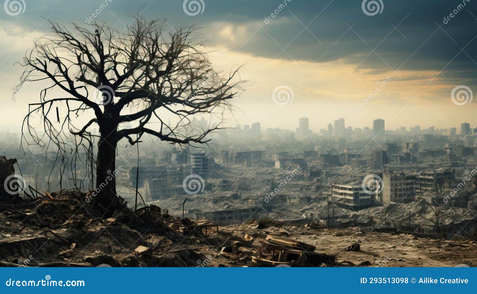 Tree Killed by War, City Destroyed in the Background Stock Illustration ...