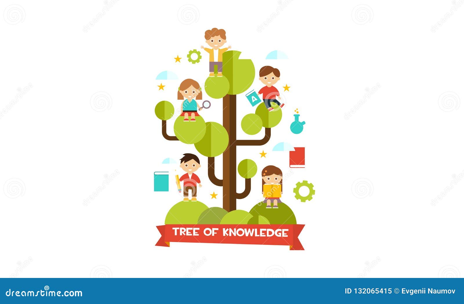 Tree of Knowledge, Cute Little Kids Sitting on a Tree Branches Vector ...