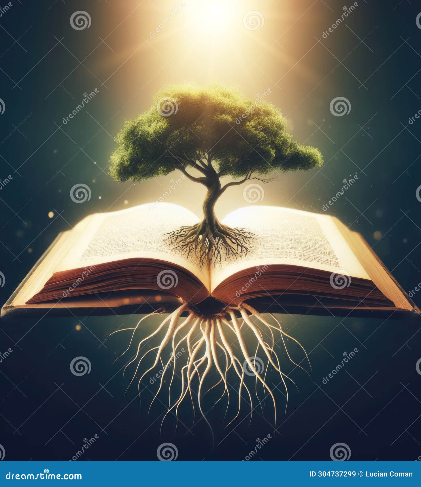 Tree of Knowledge with Deep Roots Raising from a Book , at Sunset ,rays ...