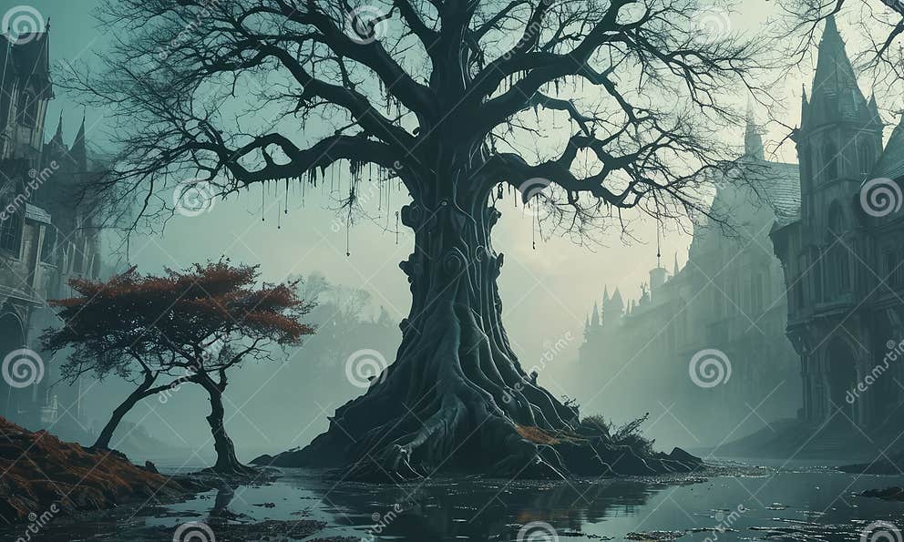 A Tree with a Large Trunk and a Small Tree Next To it. Stock ...