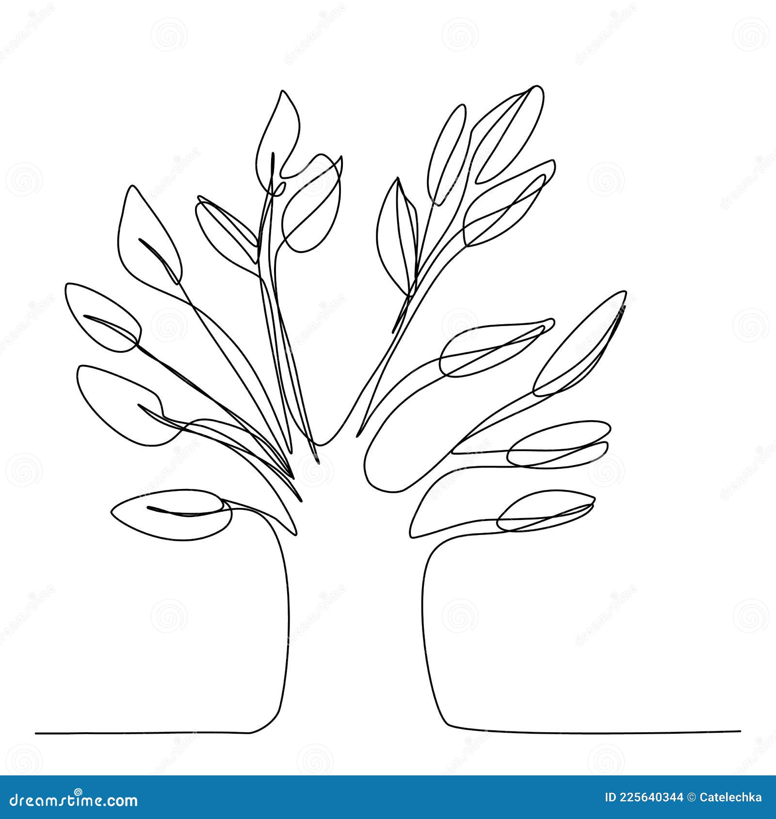Tree with Leaves in Continuous Line Drawing. Sketchy Growth Concept ...