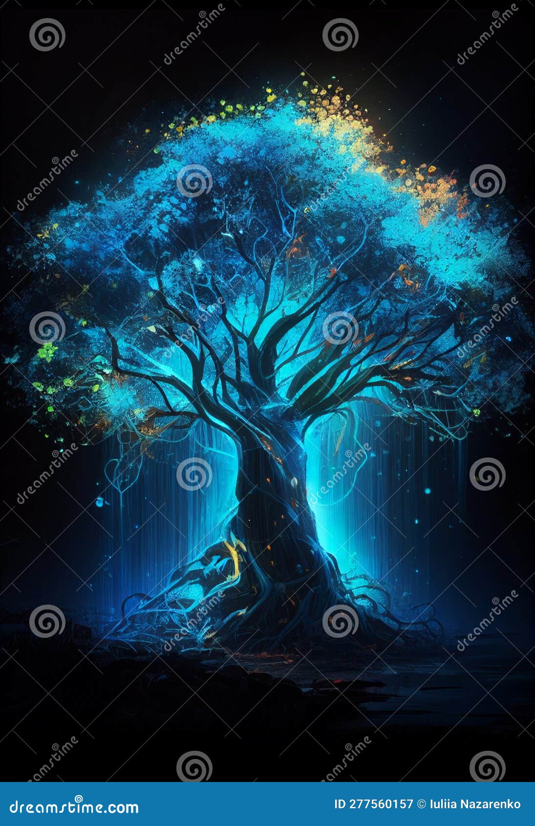 Tree of Life with Glowing Highlights and Reflections Against the Night ...