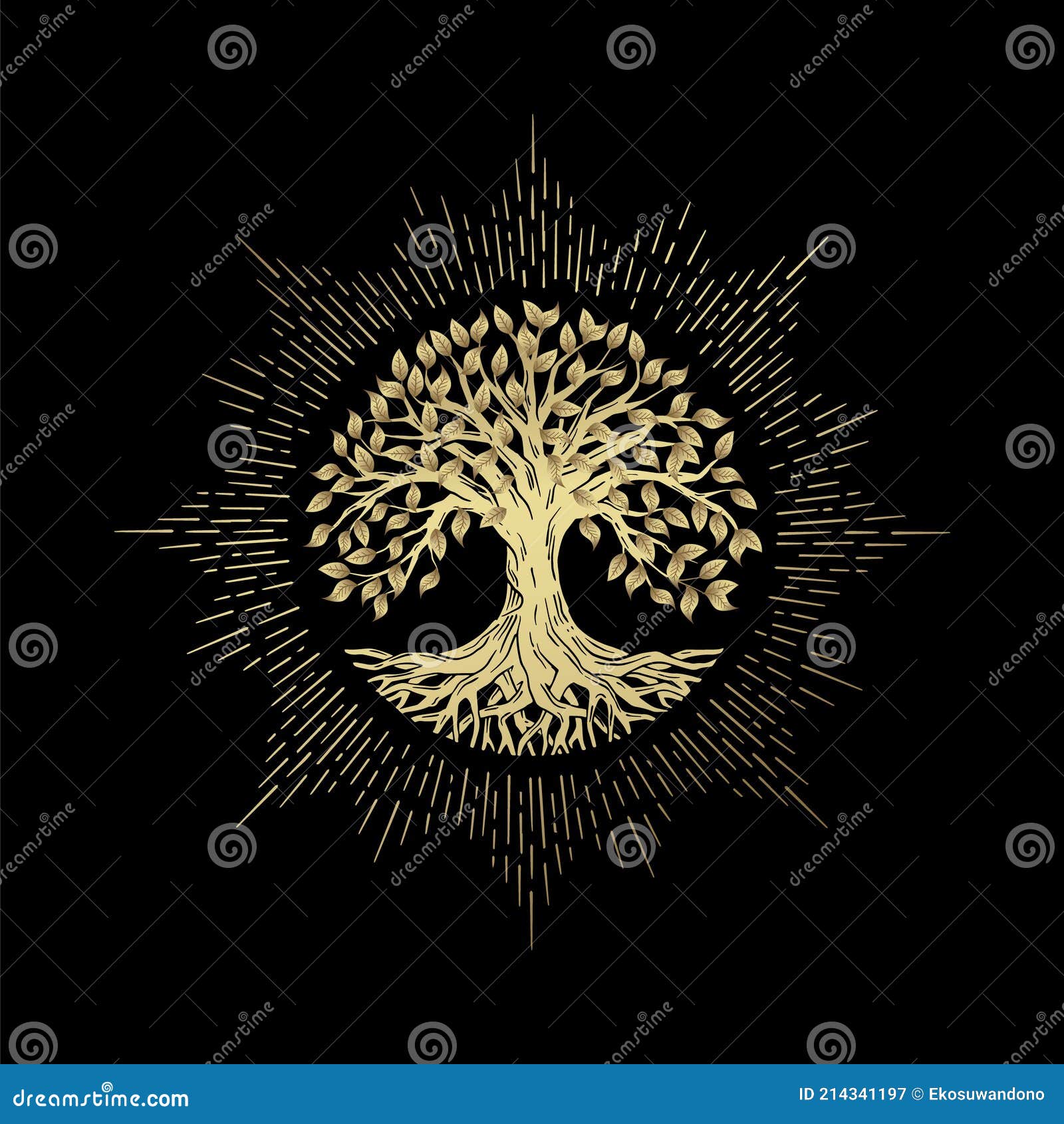 Tree of Life or Luxury Gold Tree and Roots Vector with Round Shape ...
