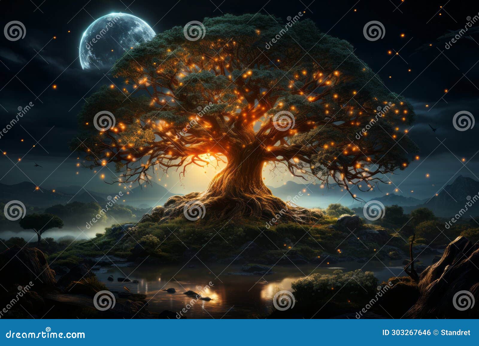 Tree of Life at Night. Beautiful Illustration Picture Stock ...