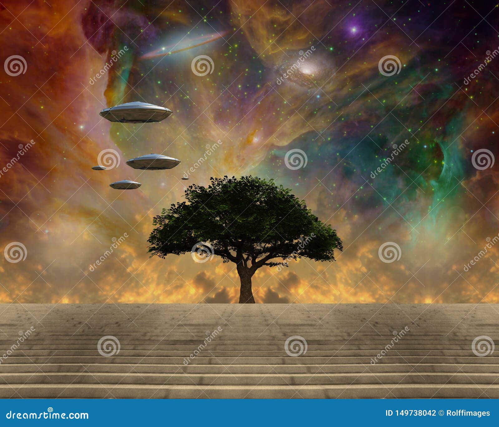 Tree of Life and Spacecrafts Stock Illustration - Illustration of fleet ...
