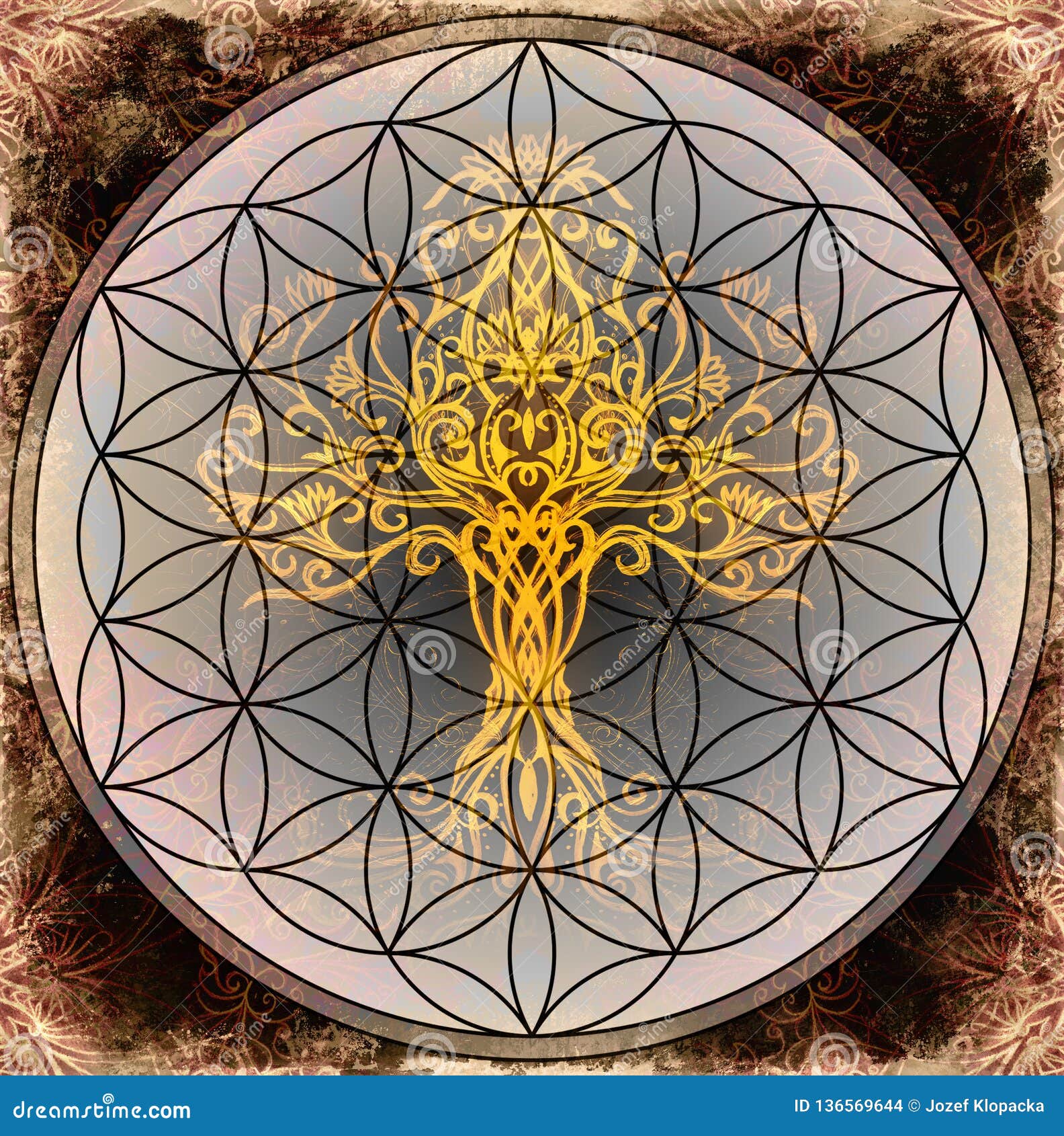 Tree of Life Symbol on Structured Ornamental Background, Flower of Life ...