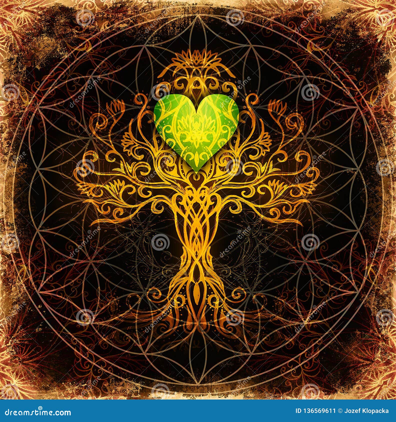 Tree of Life Symbol on Structured Ornamental Background with Heart ...