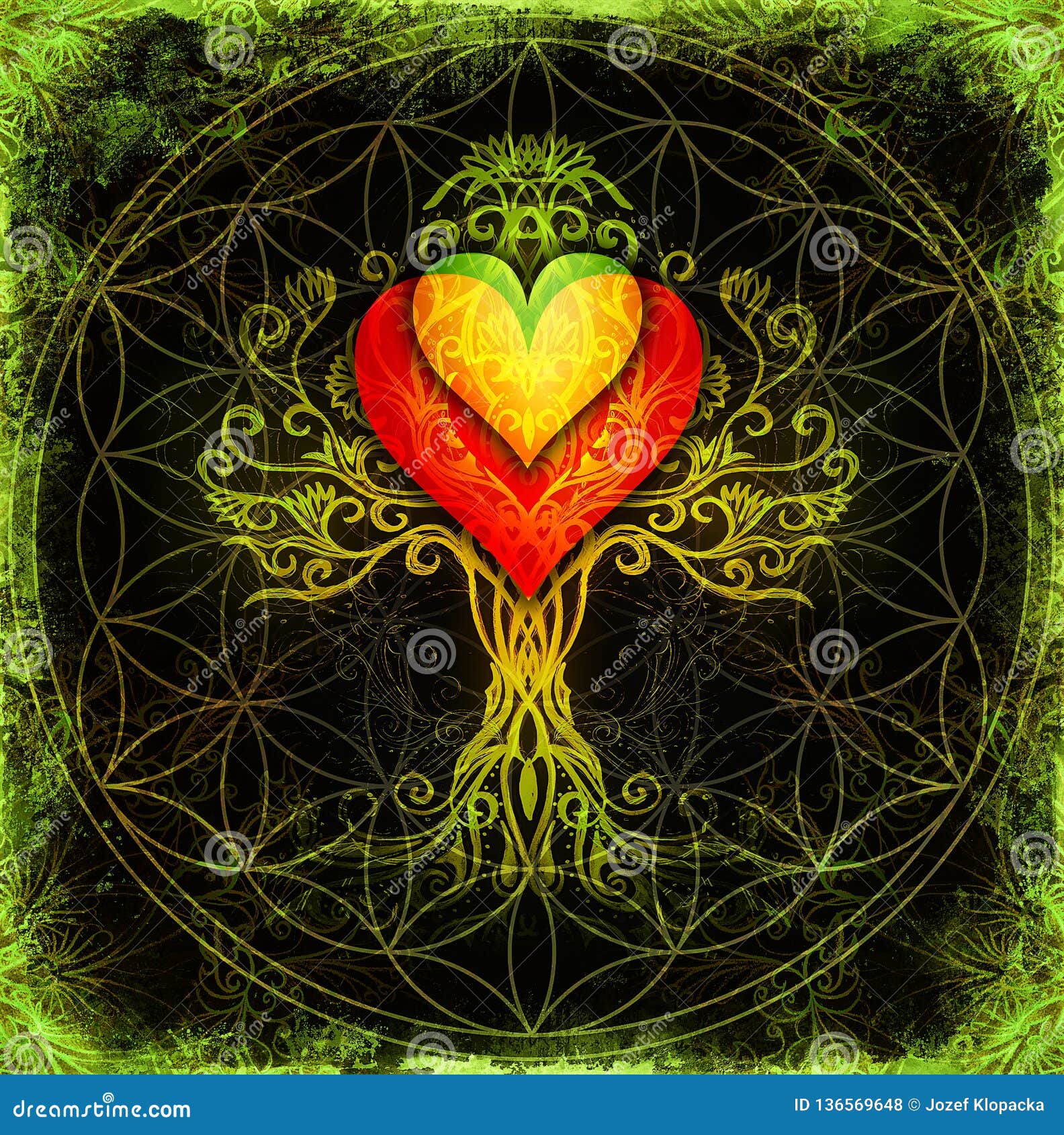 Tree of Life Symbol on Structured Ornamental Background with Heart ...