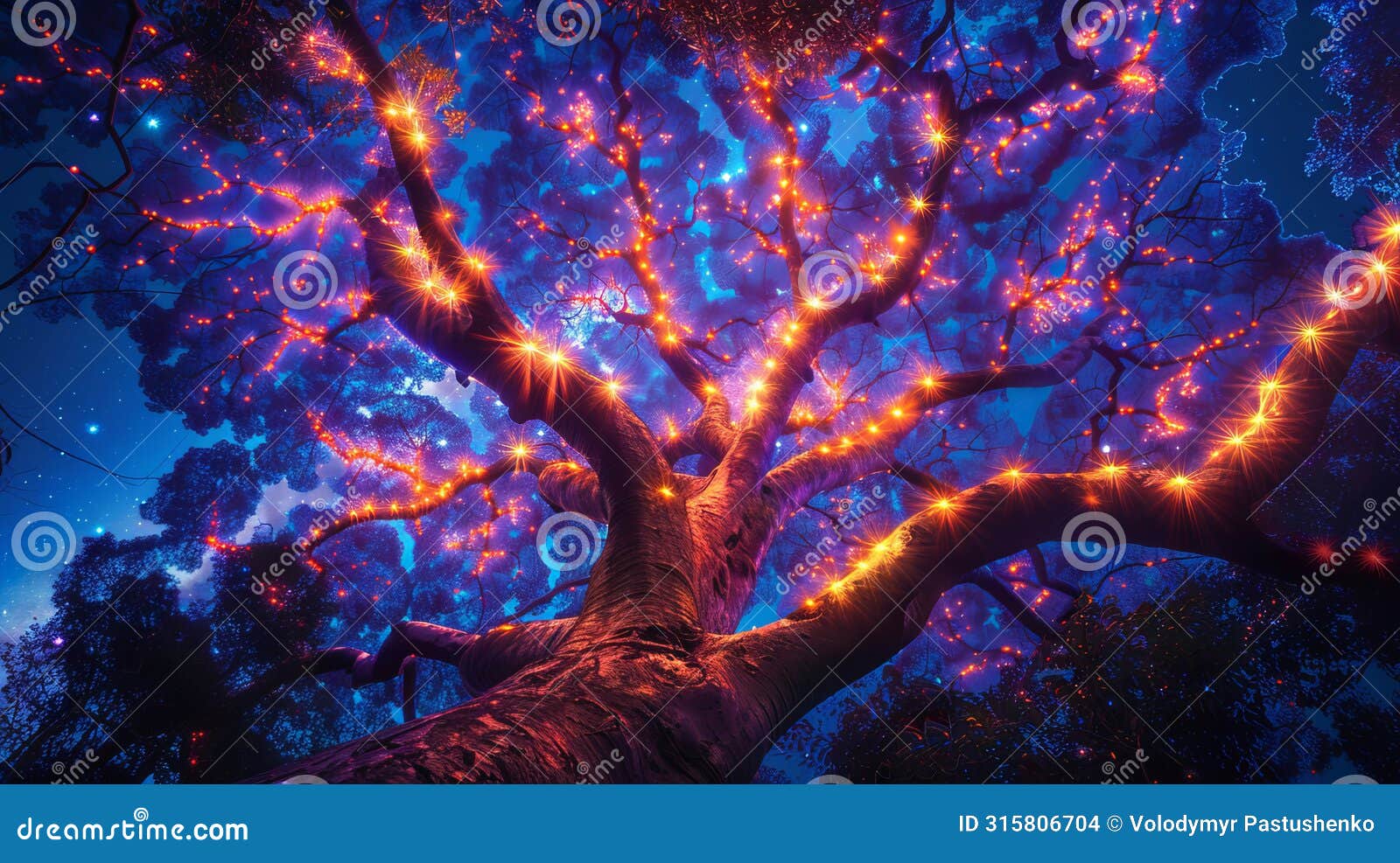 A Tree with Lights in the Night Sky Stock Photo - Image of illuminate ...