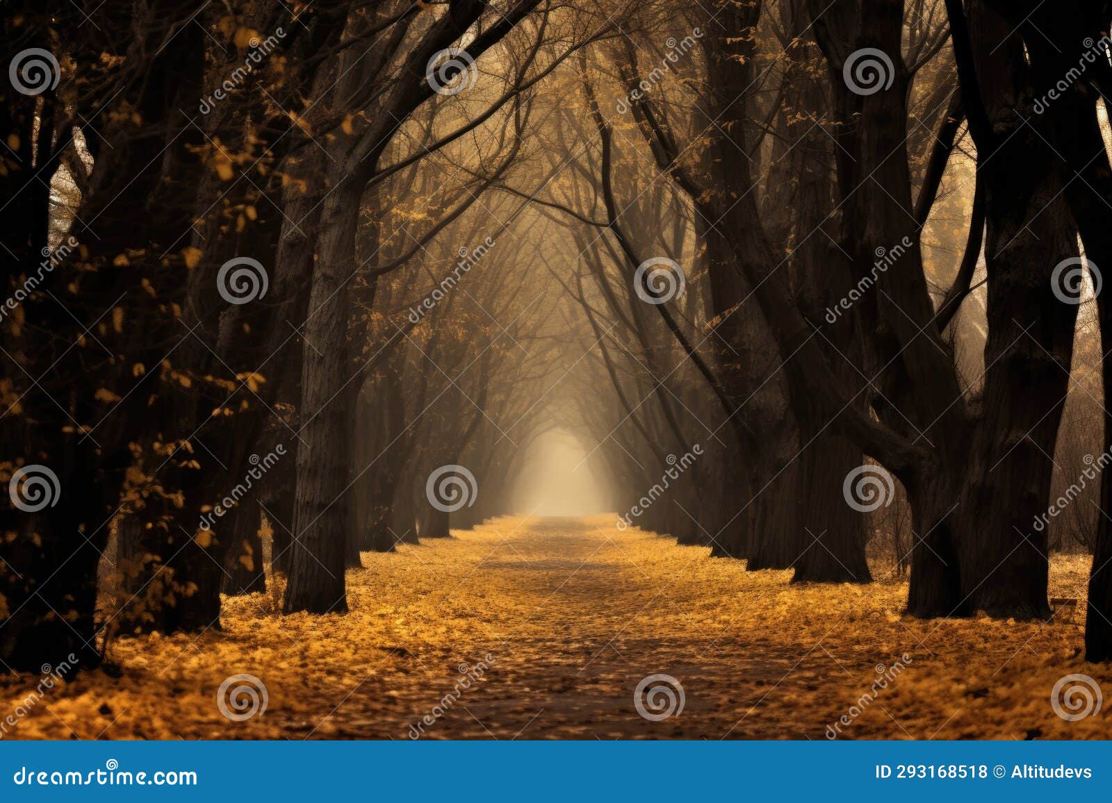 Tree Lined Path through a Foggy Autumn Forest Stock Photo - Image of ...