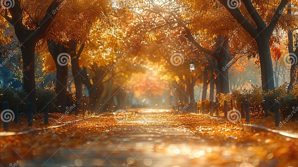Tree Lined Pathway Leading into a Autumn Colored Park Stock ...