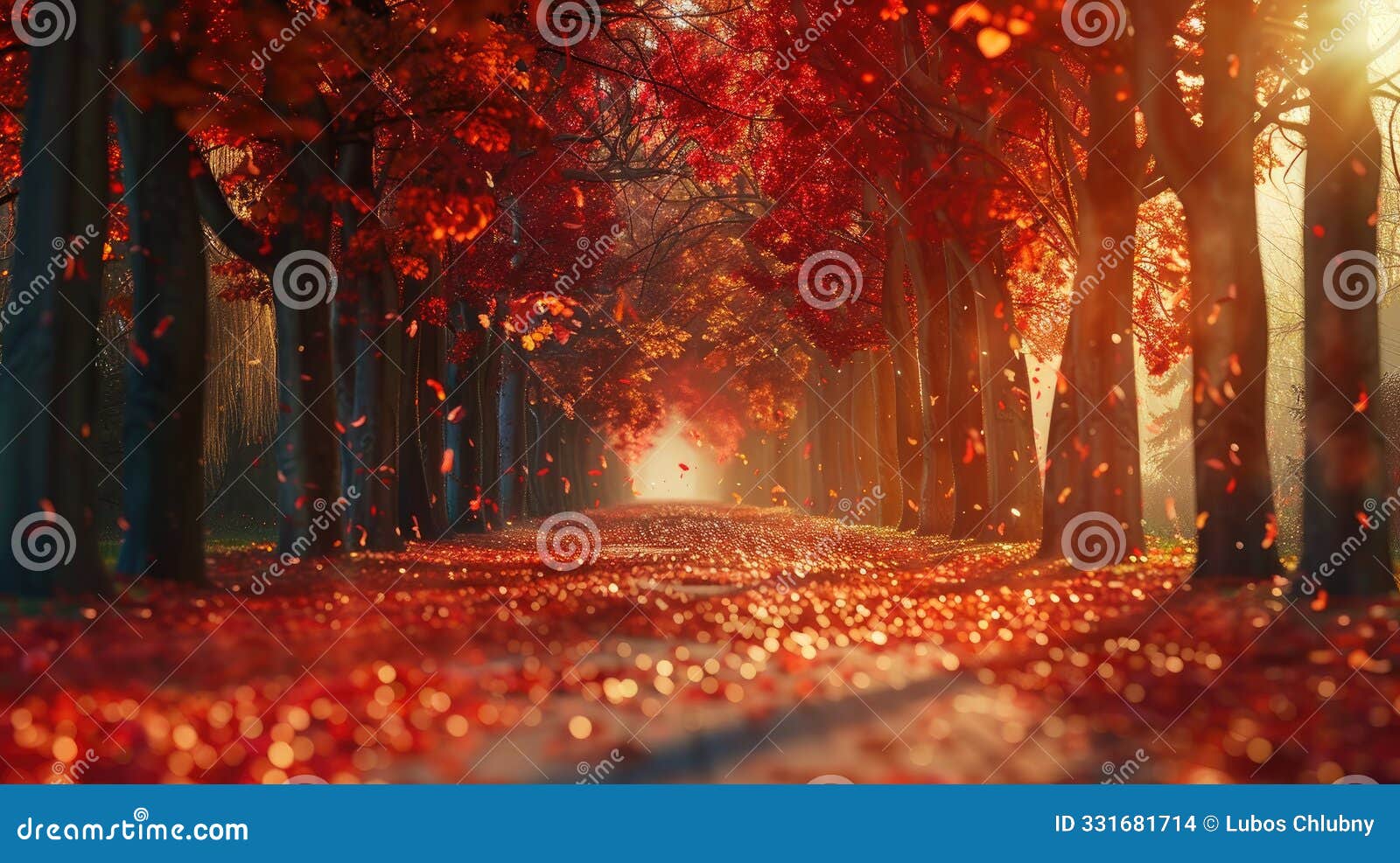 Tree Lined Pathway Leading into a Autumn Colored Park Stock ...