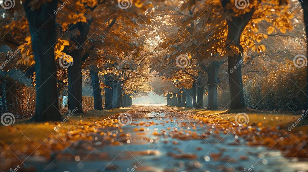 Tree Lined Pathway Leading into a Autumn Colored Park Stock ...