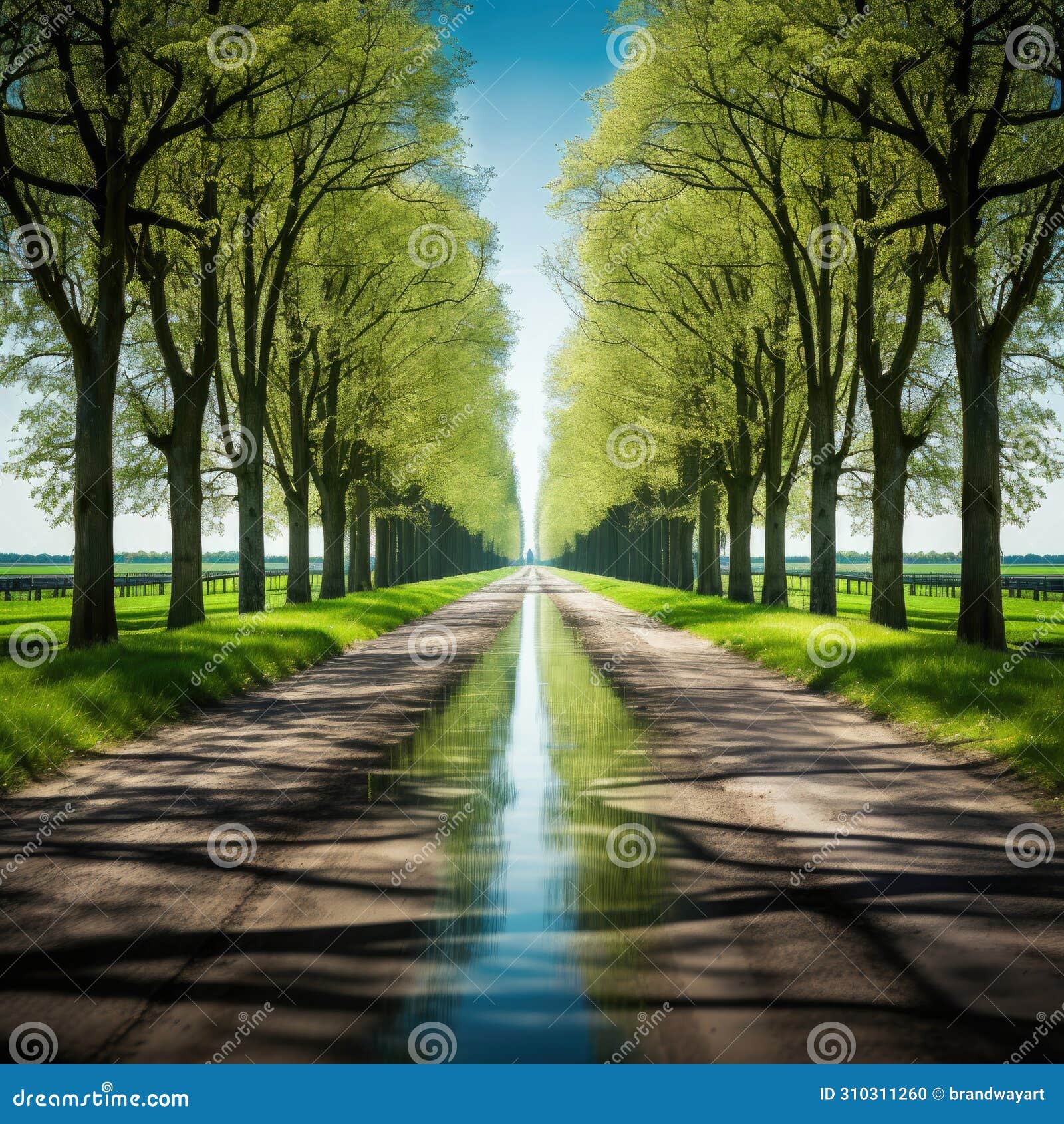 Tree-Lined Road with Reflecting Trees Stock Illustration - Illustration ...