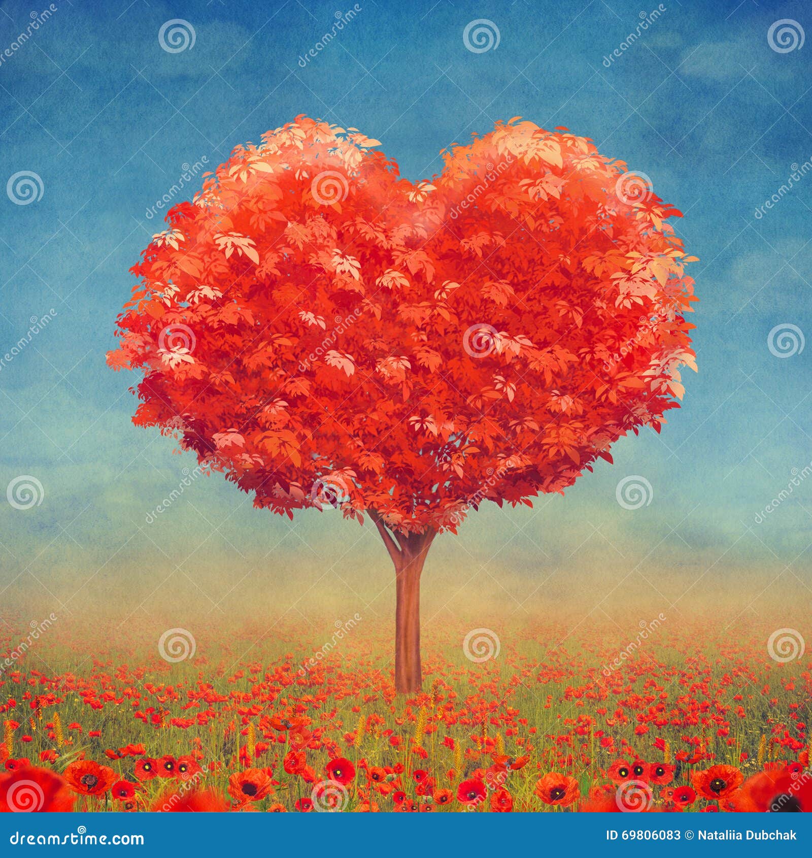 Tree of Love in Field, Valentines Day Background Stock Illustration ...