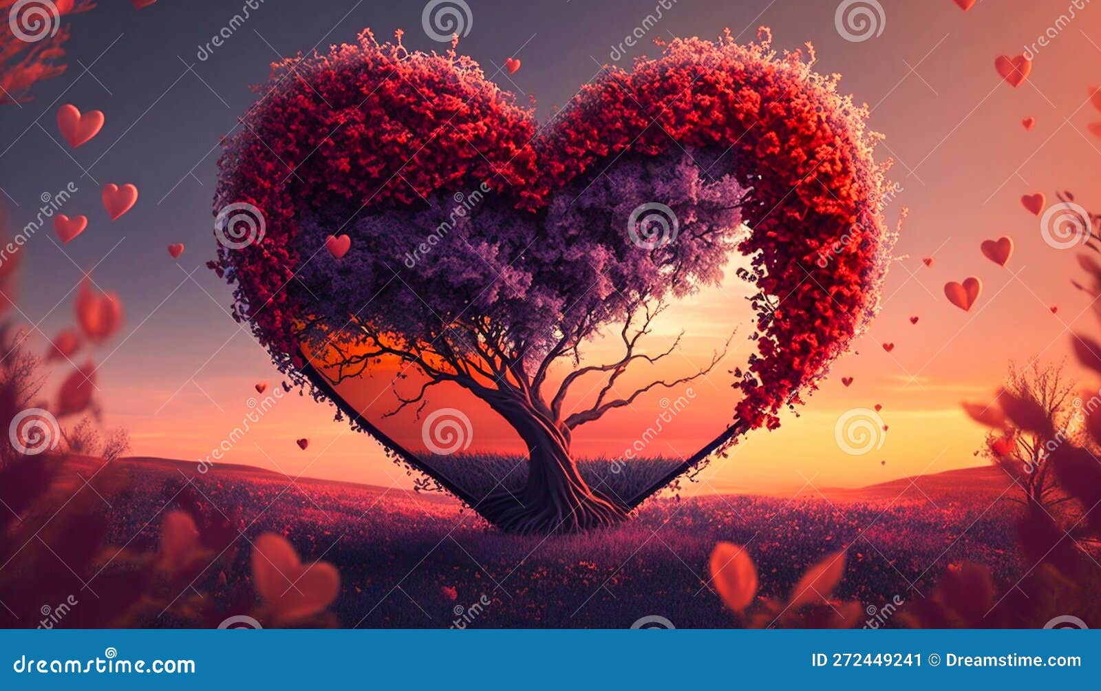 Tree of Love in Spring. Red Heart Shaped Tree at Sunset Stock ...