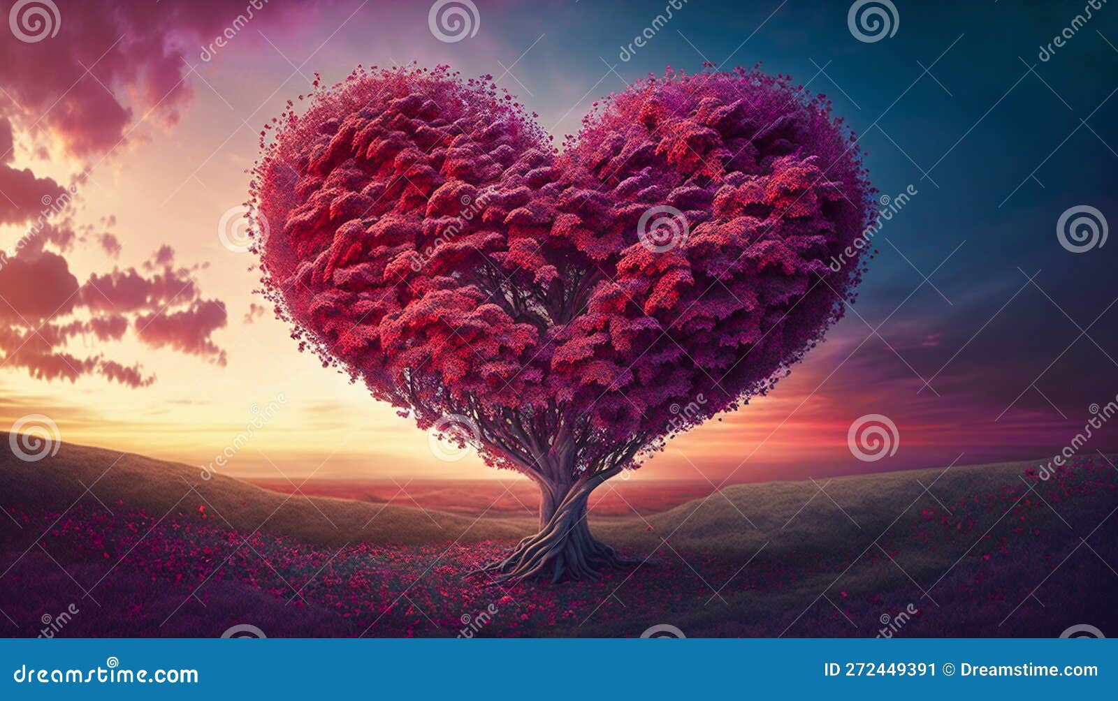 Tree of Love in Spring. Red Heart Shaped Tree at Sunset Stock ...