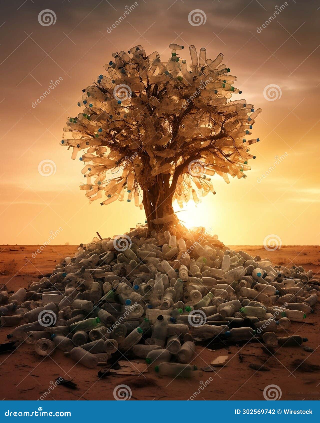 Tree Made of Plastic Bottles in a Desert. Environmental Pollution ...