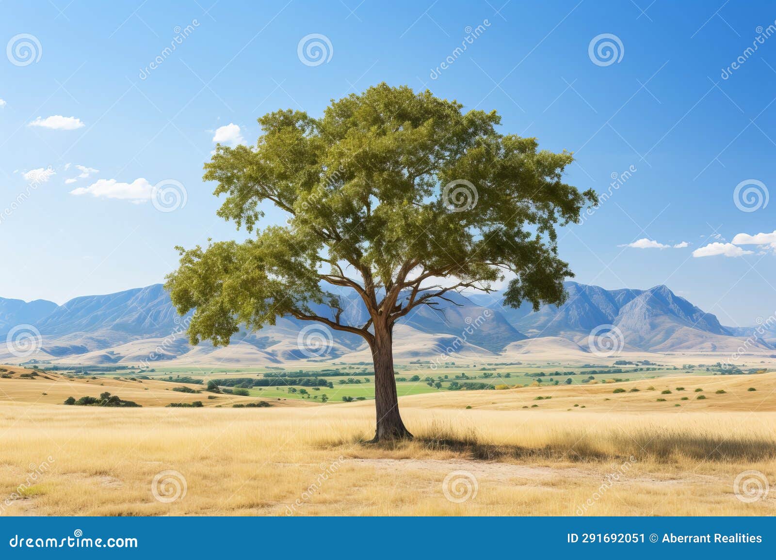A Tree in the Middle of a Field with Mountains in the Background Stock ...