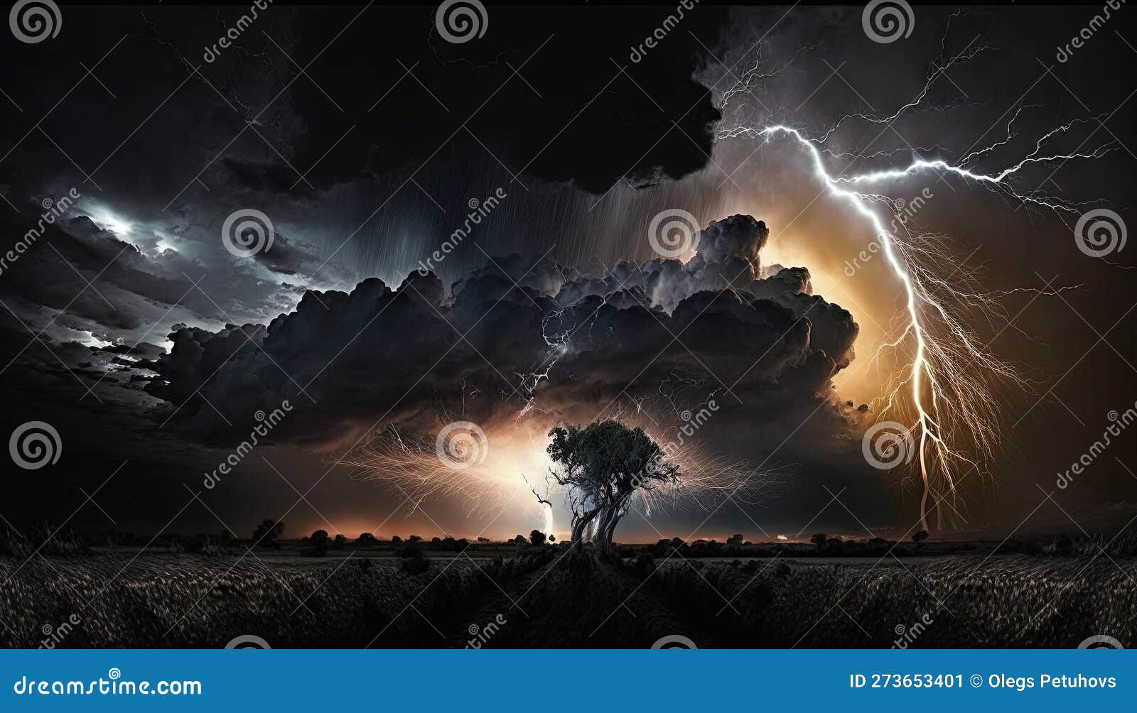 A Tree in the Middle of a Field Under a Storm Stock Illustration ...