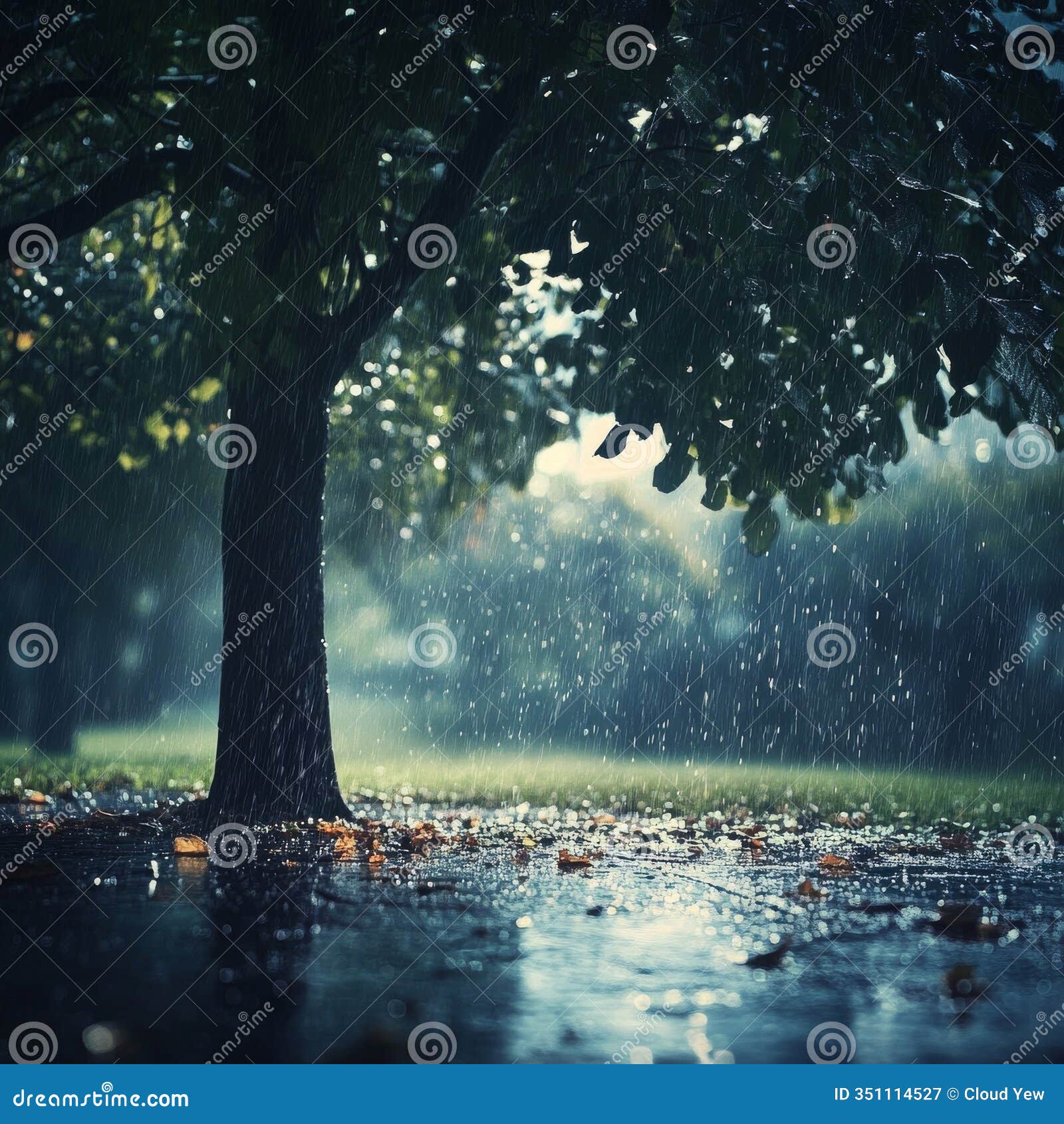 A Tree is in the Middle of a Park and it is Raining Stock Illustration ...