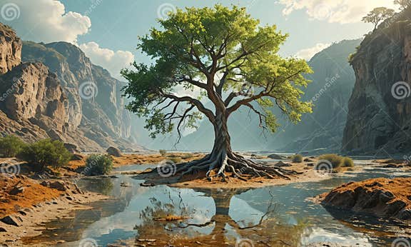Tree in the middle river stock illustration. Illustration of hardwood ...