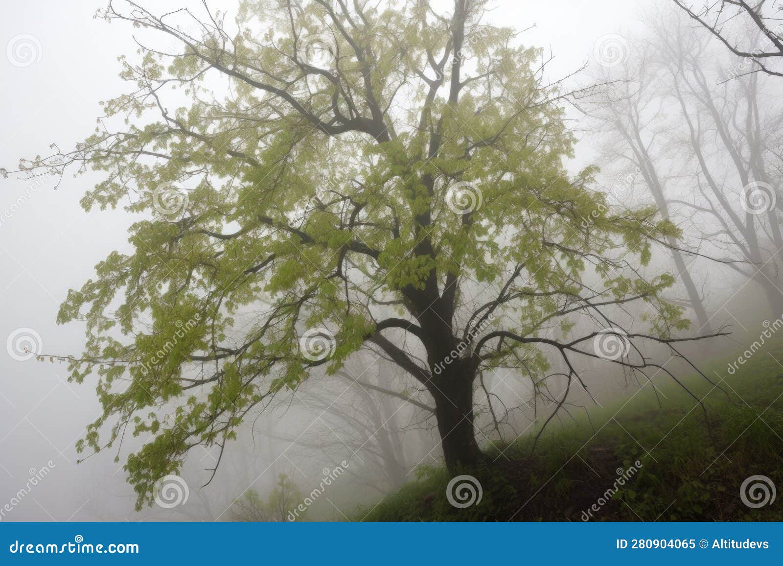 Tree in the Mist, with Delicate Sprouts and Leaves Visible Stock ...