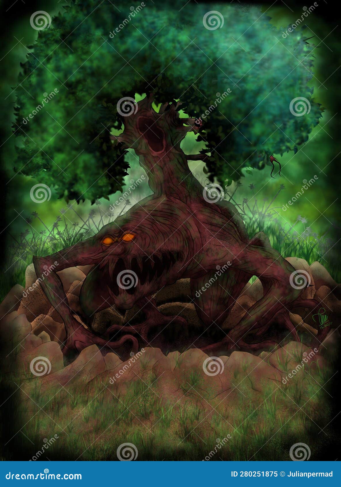 Tree Monster Awakening Artwork . Digital Drawing Handmade Stock ...
