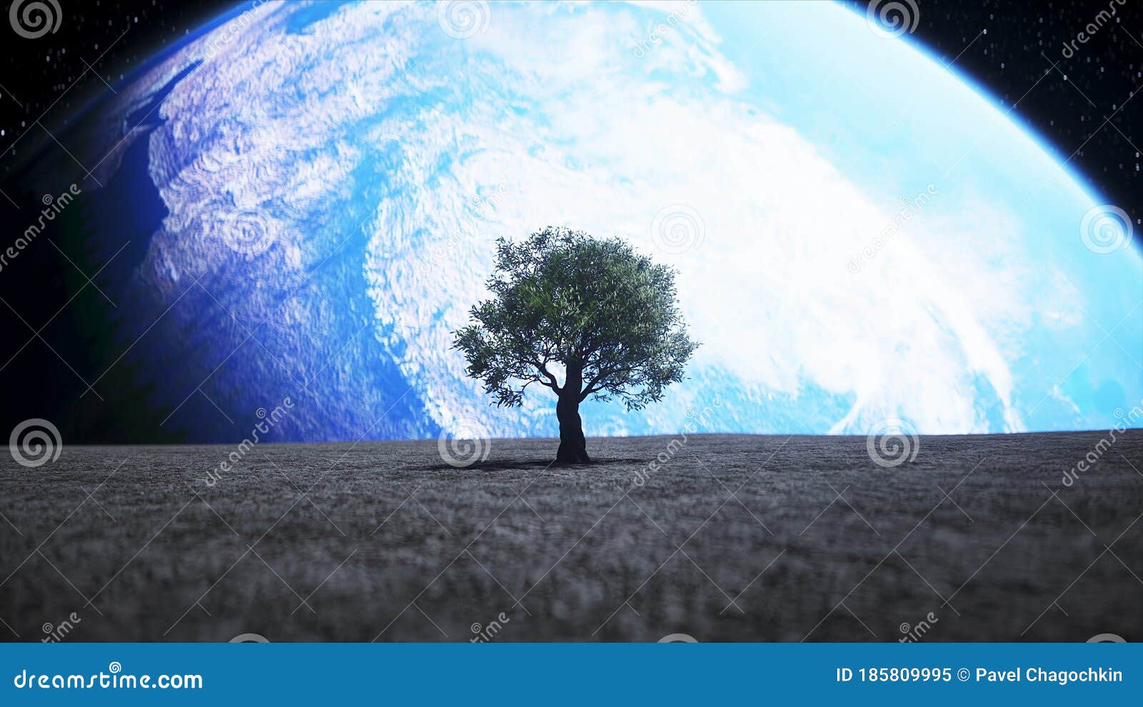 Tree on the Moon in Outer Space. 3d Rendering. Stock Illustration ...