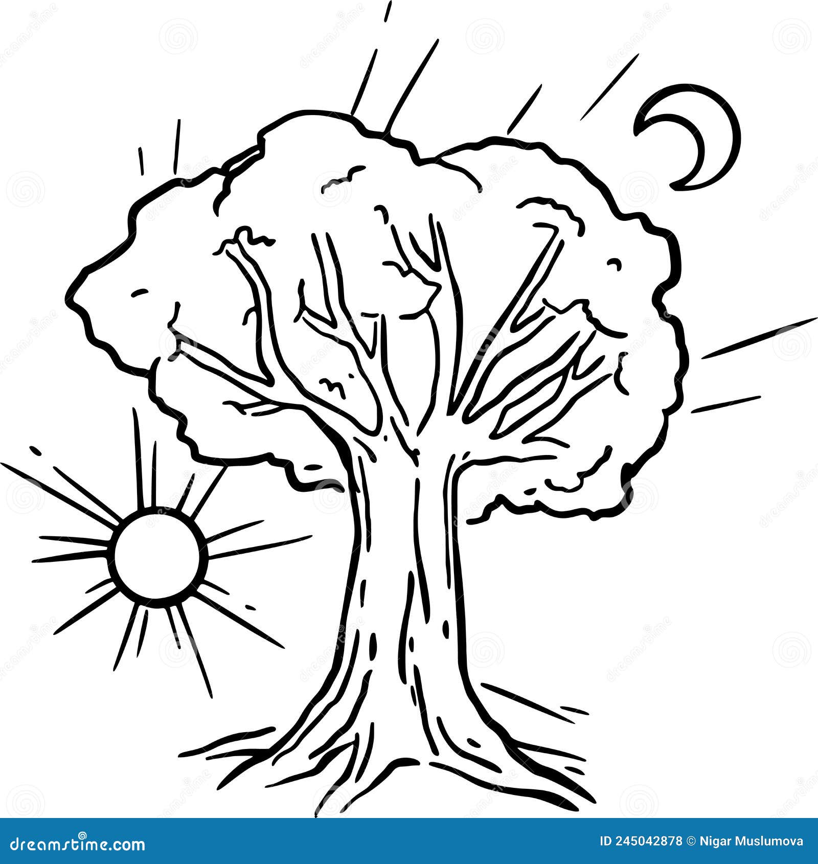 Tree, Moon, Sun, Hand Draw Vector Illustration Art Stock Vector ...