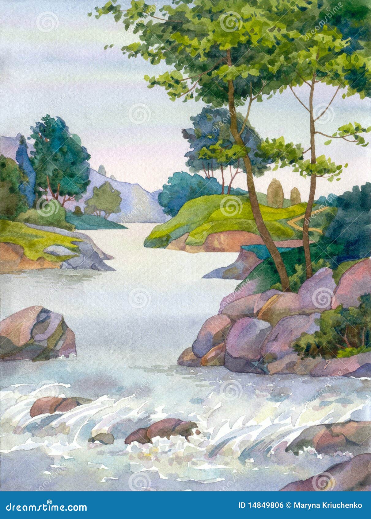 Tree by a mountain stream stock illustration. Illustration of depth ...