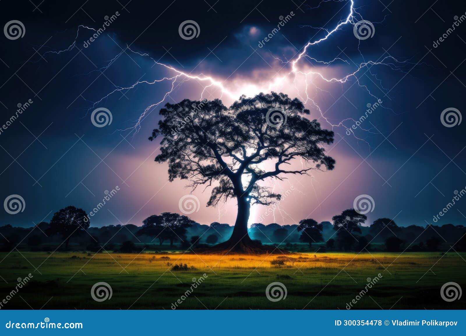 A Tree in Nature with Clouds in the Sky and Lightning Stock Photo ...
