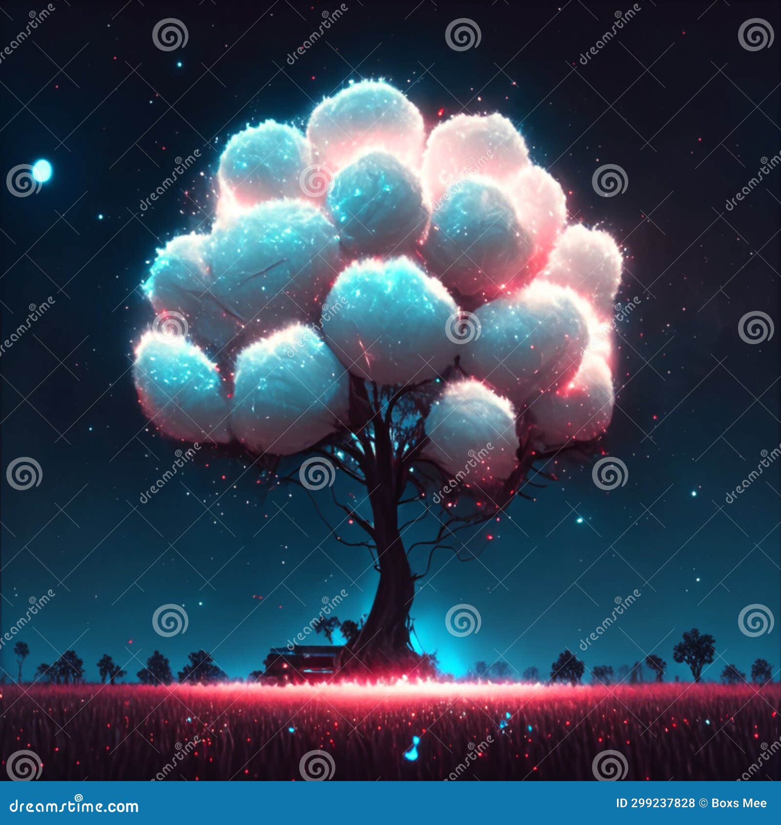 Tree in the Night with Lights. Vector Illustration in a Cartoon Style ...