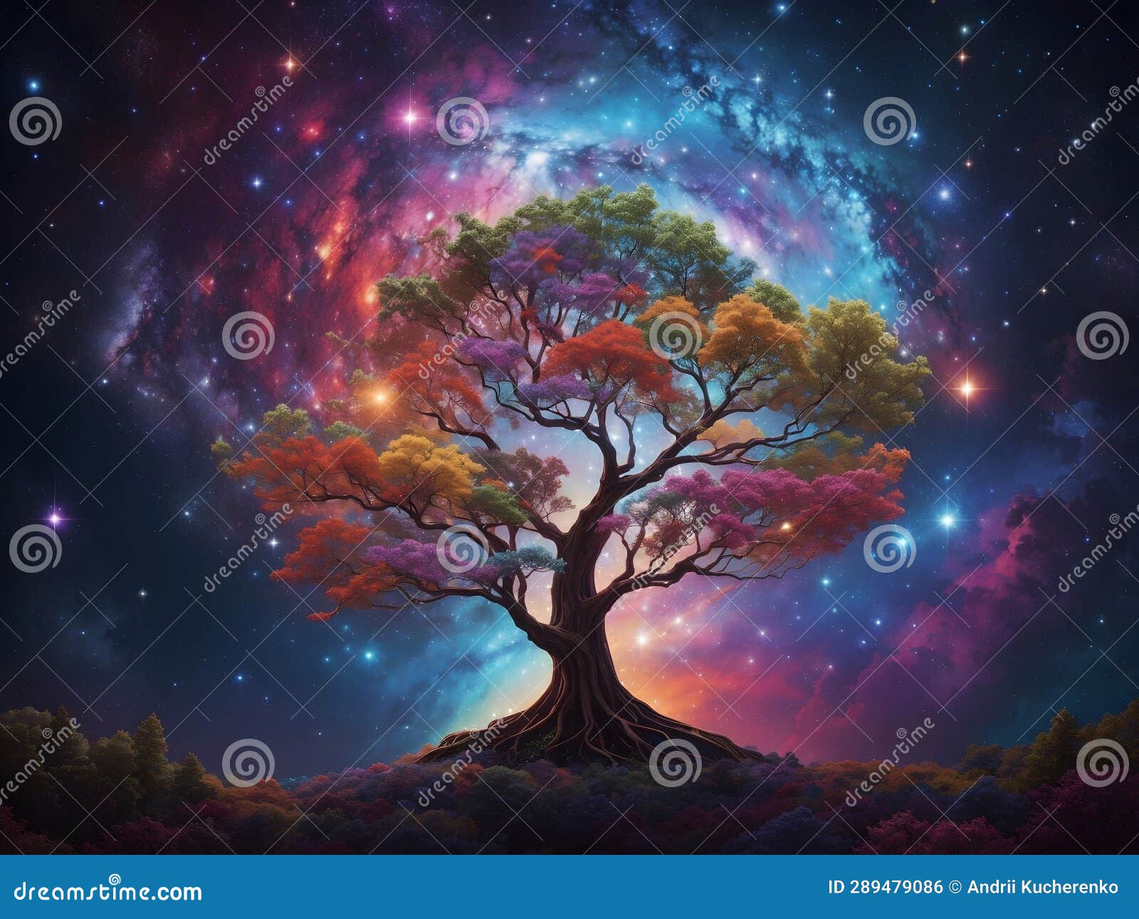 Tree in the Night Sky with Stars and Nebula, 3d Illustration Stock ...