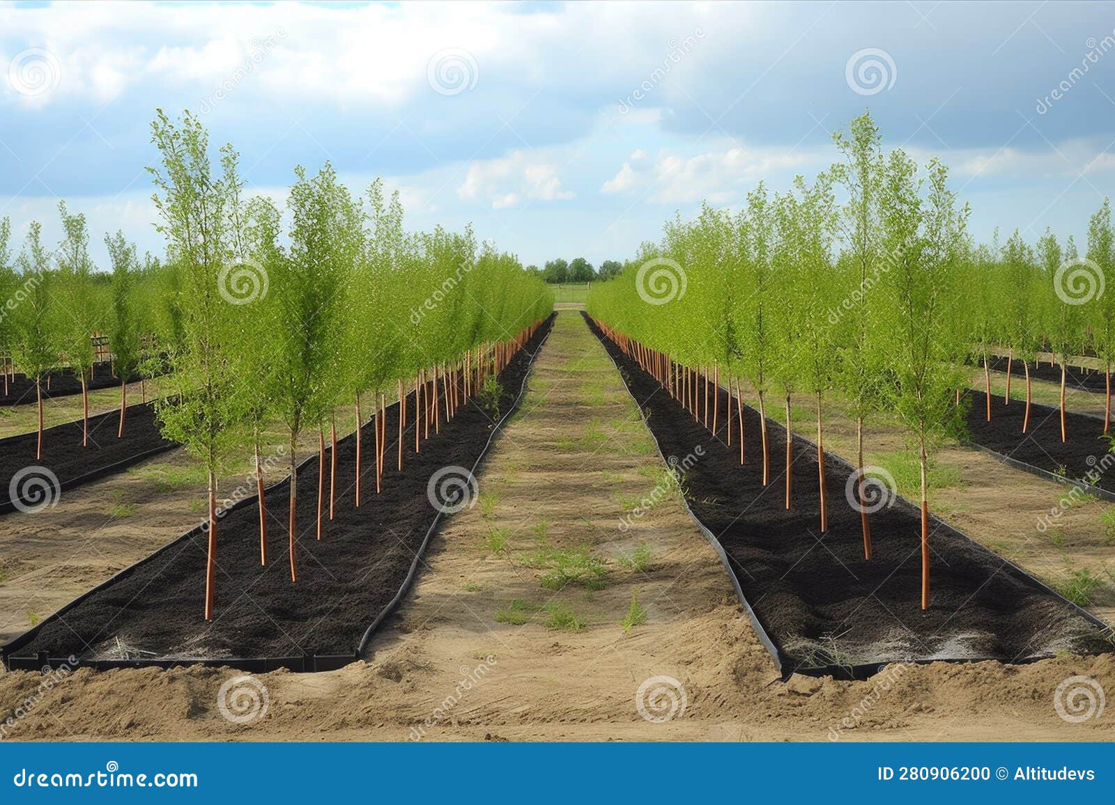 Tree Nursery with Rows of Newly Planted Trees Stock Illustration ...