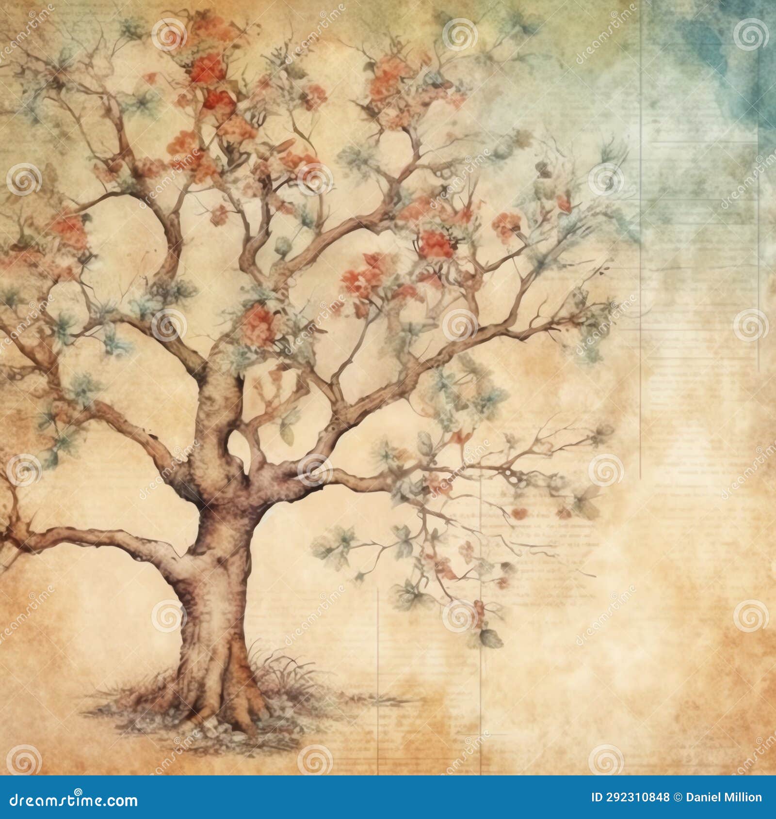 Tree Old Paper, Vintage Digital Paper Stock Illustration - Illustration ...